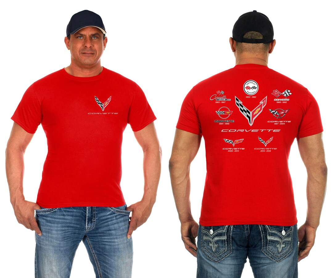 JH Design Mens Chevy Corvette T-shirt C1 Thru C8 Flag Emblems Collage ...