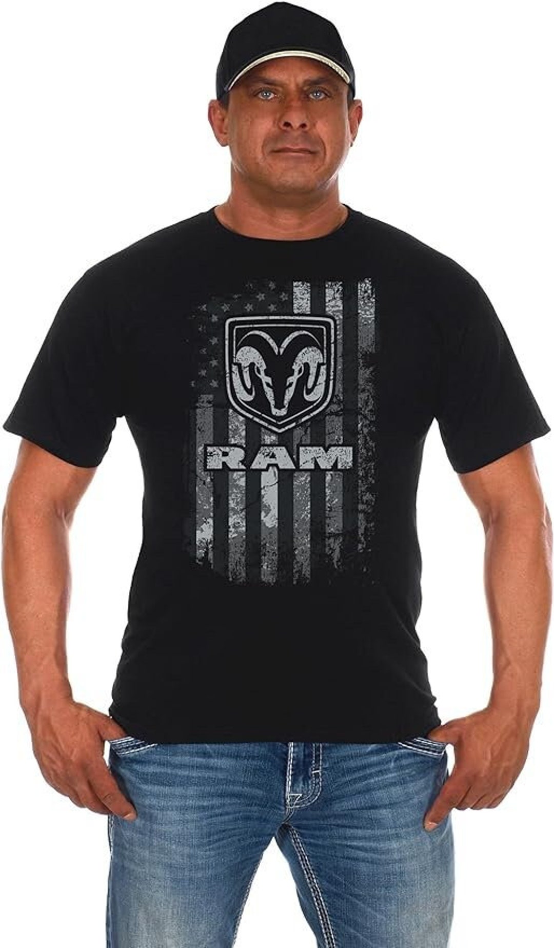 JH Design Men's Dodge Ram T-shirt American Flag Black Crew Neck Shirt ...