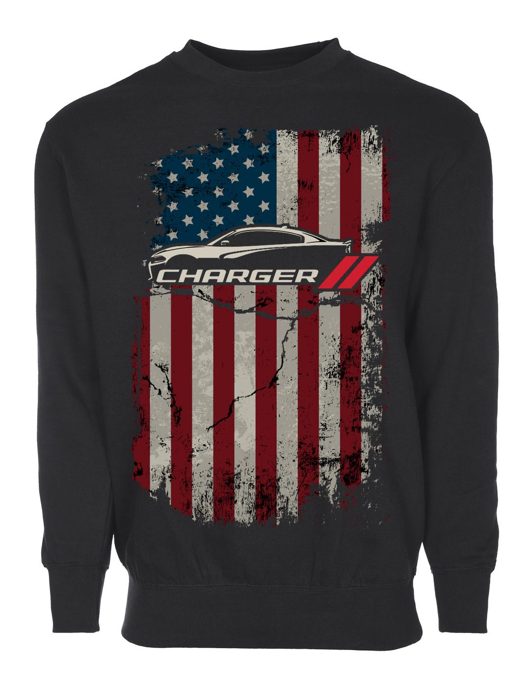 JH Design Men's Dodge Charger Flag Print Pullover Crew Neck Sweatshirt ...