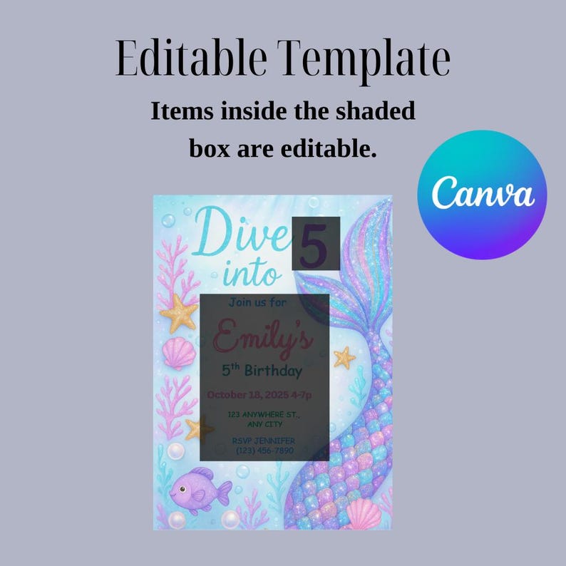 Mermaid Birthday Invitation, Dive Into Party Invite, Editable Canva ...