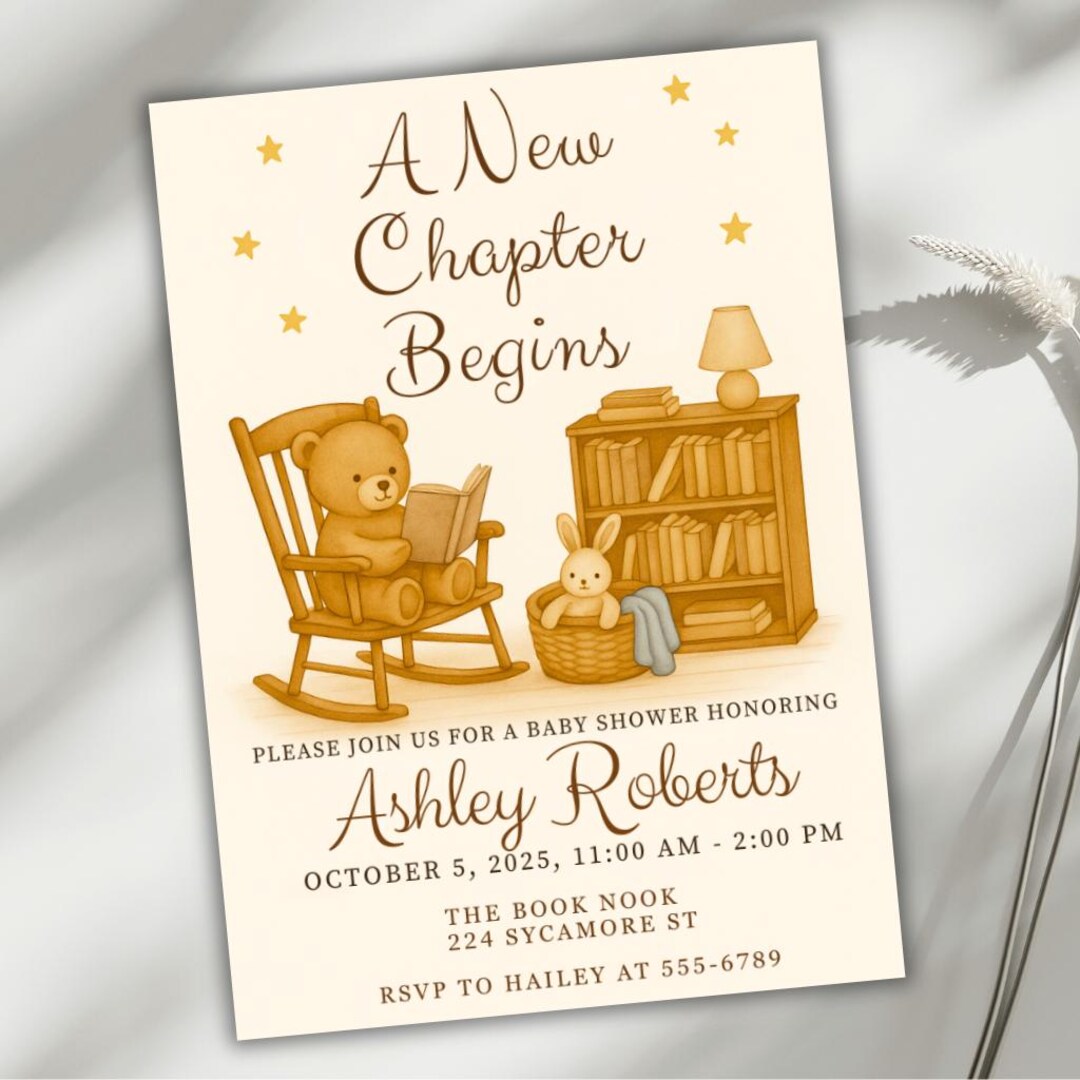 A New Chapter Begins Baby Shower Invitation, Library Theme Baby Shower ...