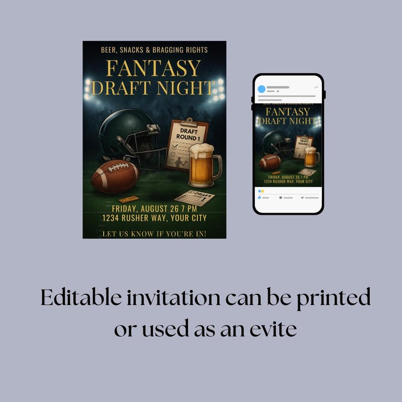 Fantasy Draft Night Invitation, Football Draft Party Invite, Editable ...