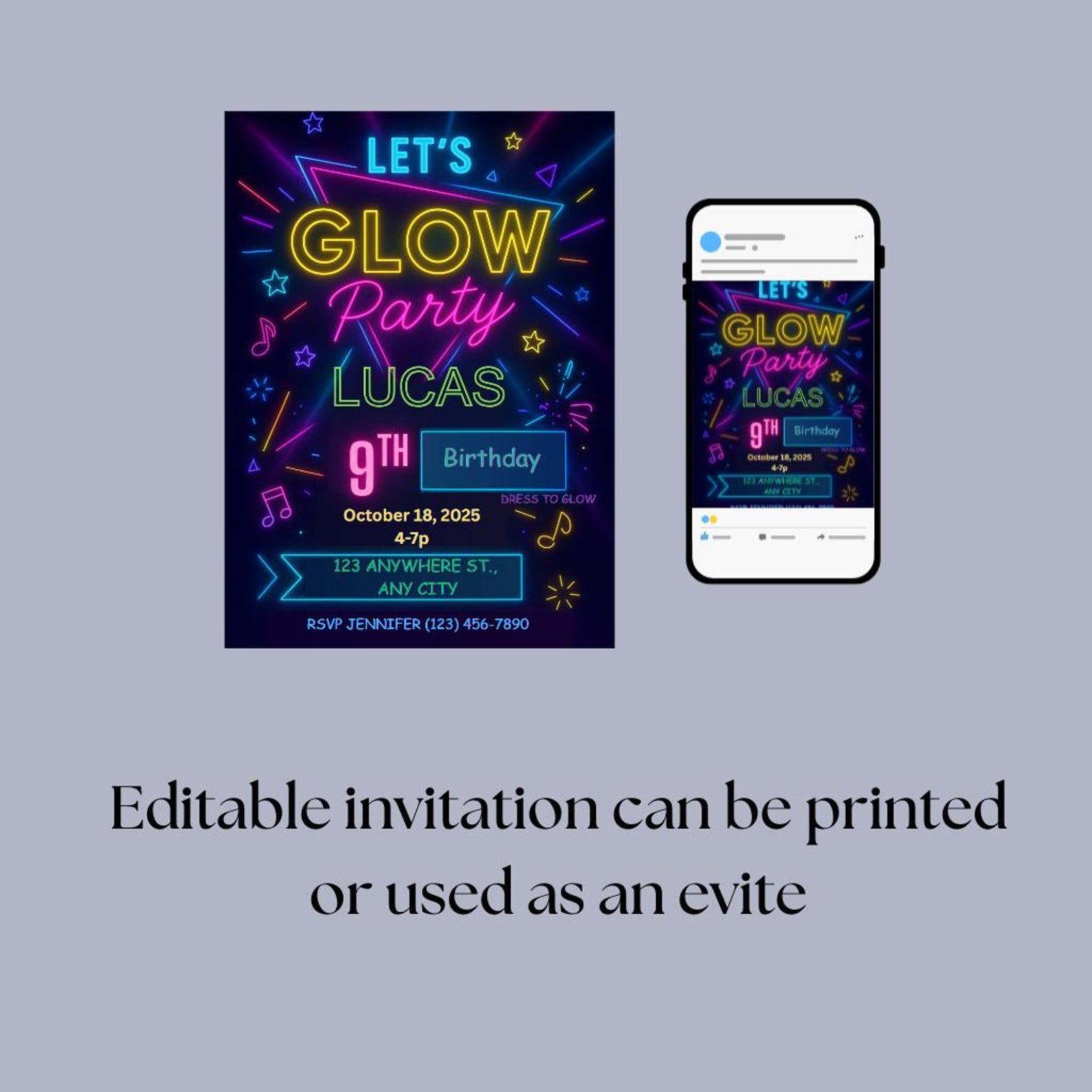 Glow Party Birthday Invitation, Editable Canva Template Evite, Neon ...