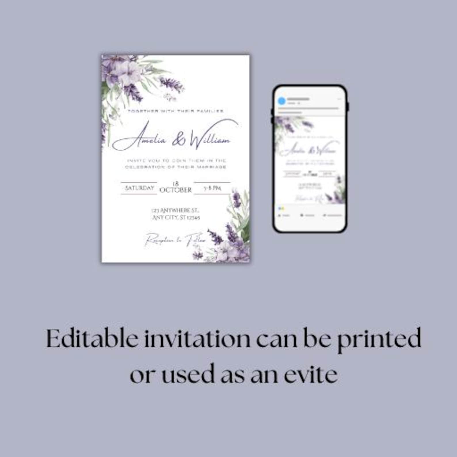 Lavender Wedding Invitation Canva Template, Beautiful Floral Invite ...