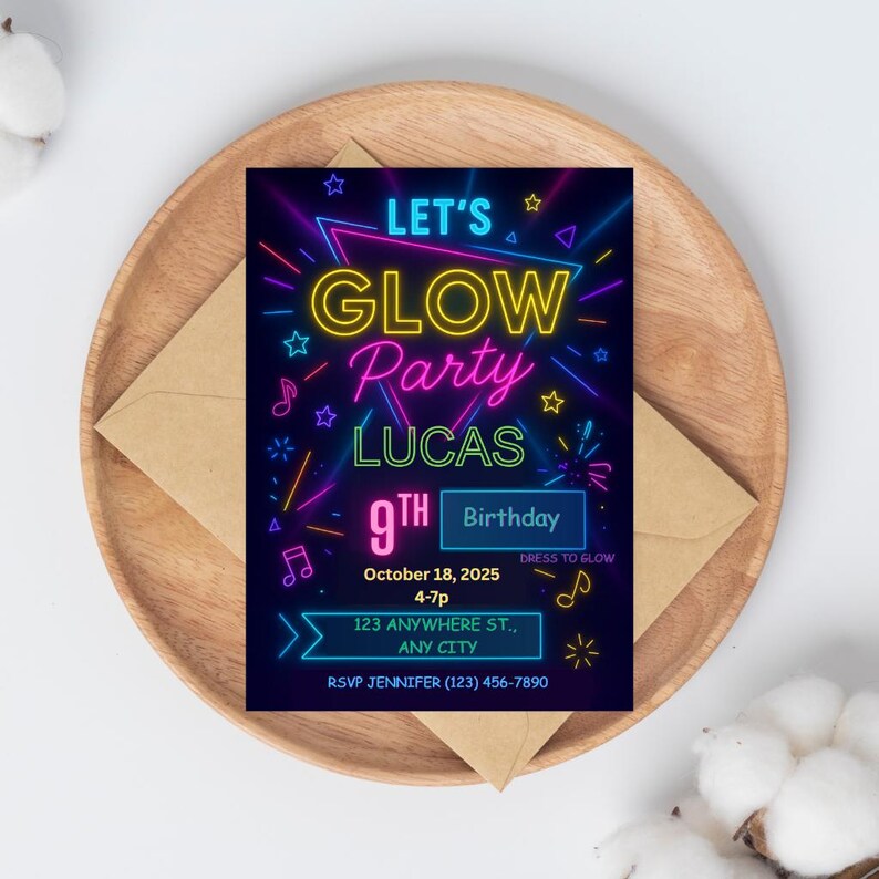 Glow Party Birthday Invitation, Editable Canva Template Evite, Neon ...