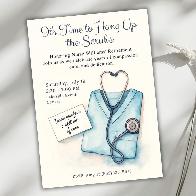 Nurse Retirement Invitation, Editable Canva Template, Modern Blue ...