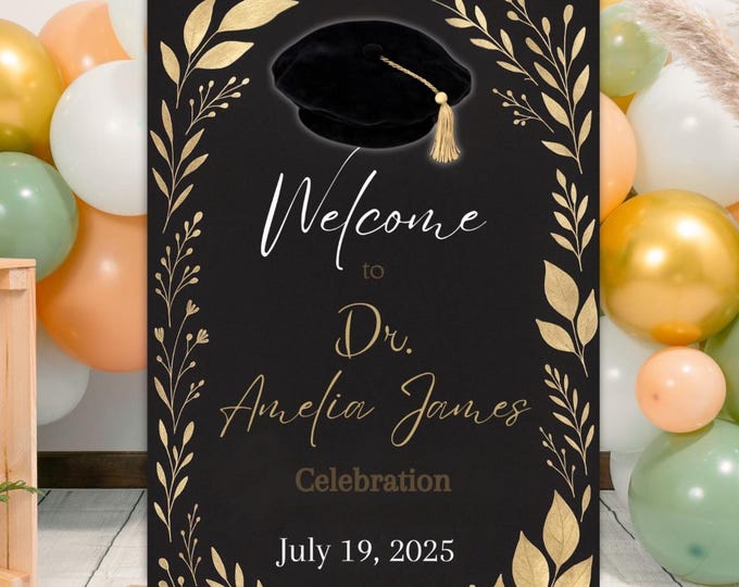 Doctoral Graduation Welcome Sign Editable, Elegant Gold Leaf Canva ...