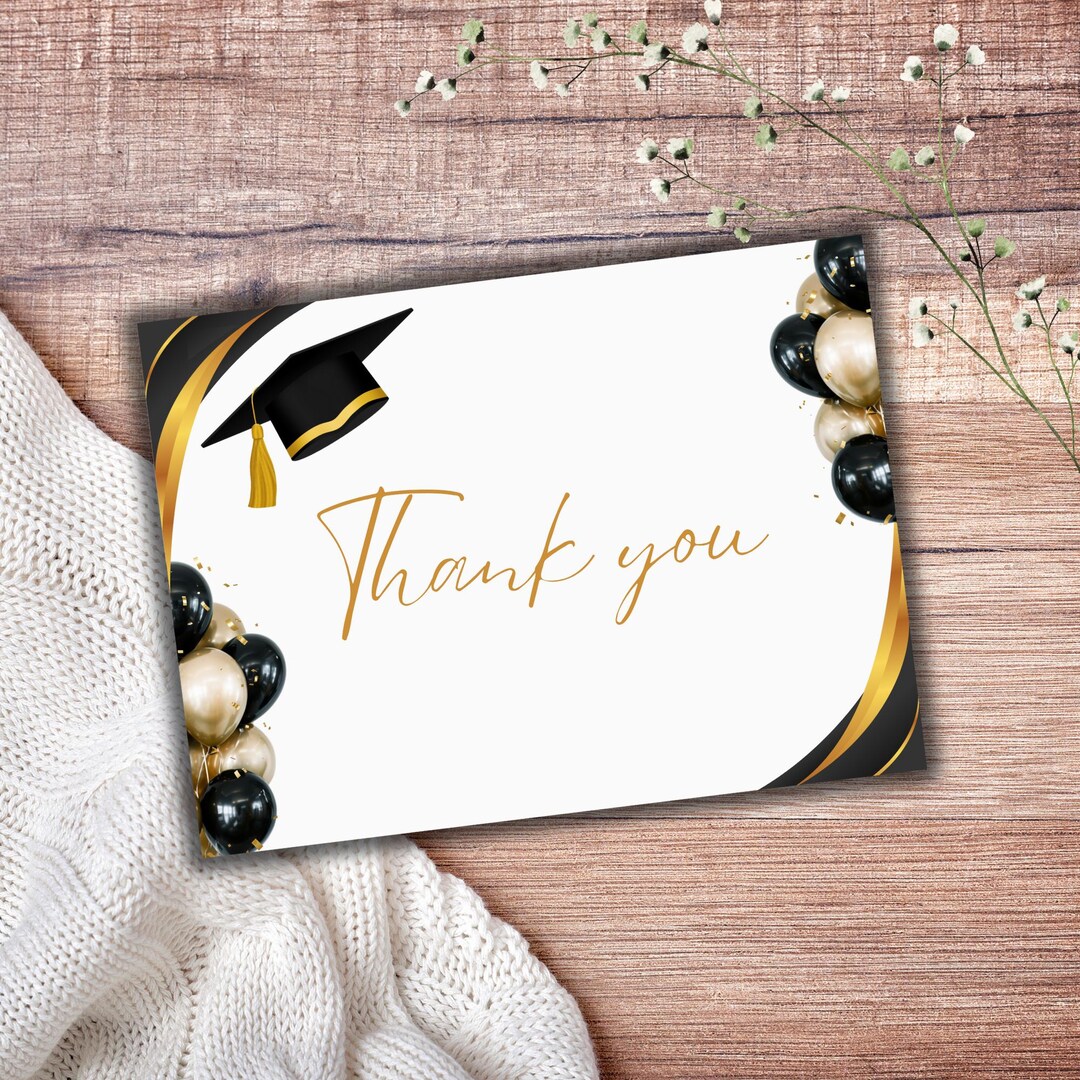 Graduation Thank You Card, Black and Gold Canva Template Design ...