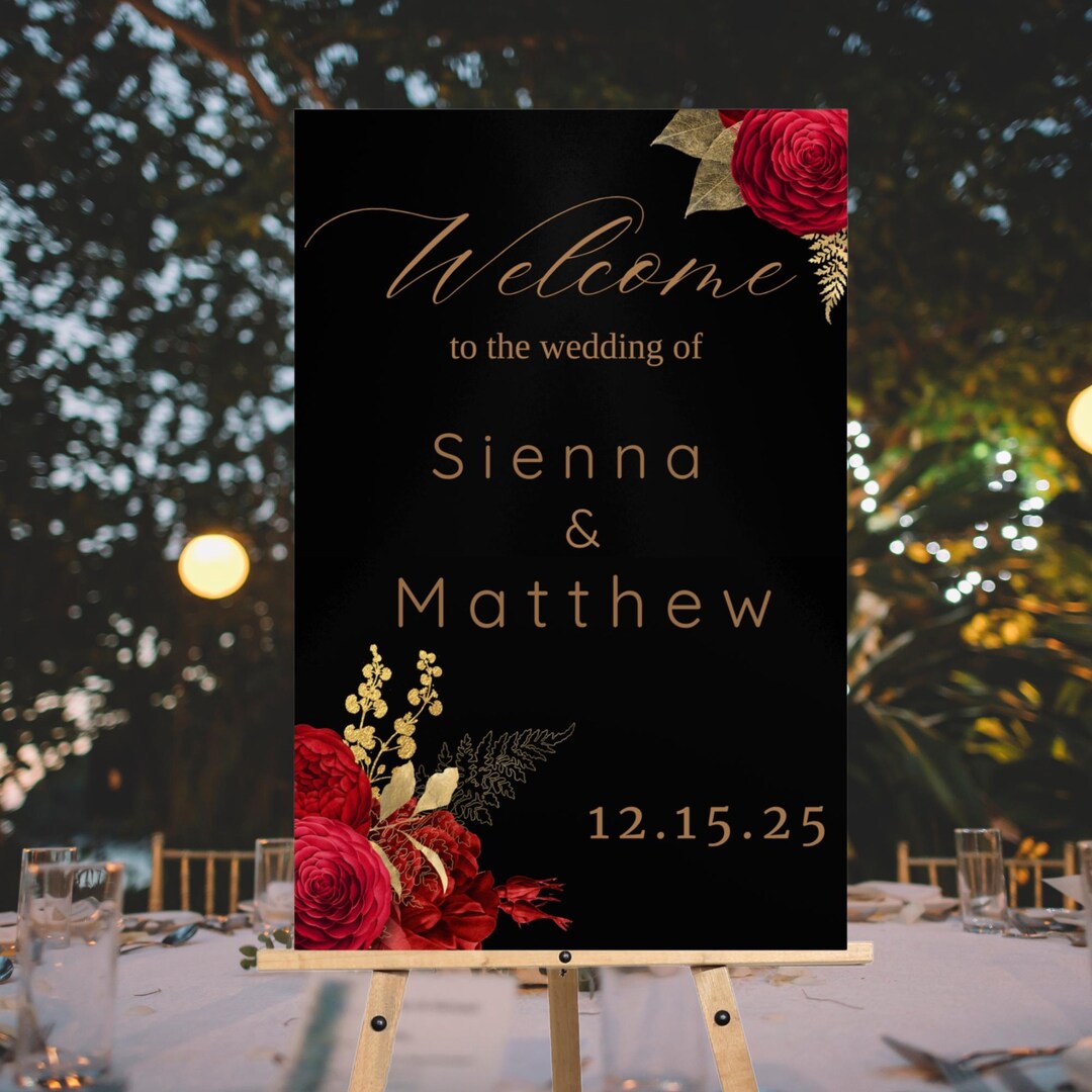 Black Gold Wedding Welcome Sign, Elegant Red Roses Custom Decor for ...