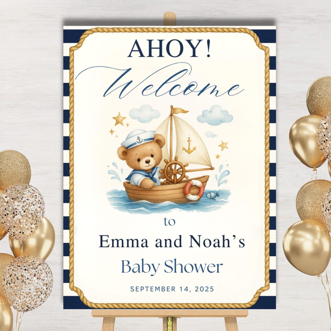 Nautical Baby Shower Welcome Sign | Ahoy Sailor Bear 18x24 Party Sign ...