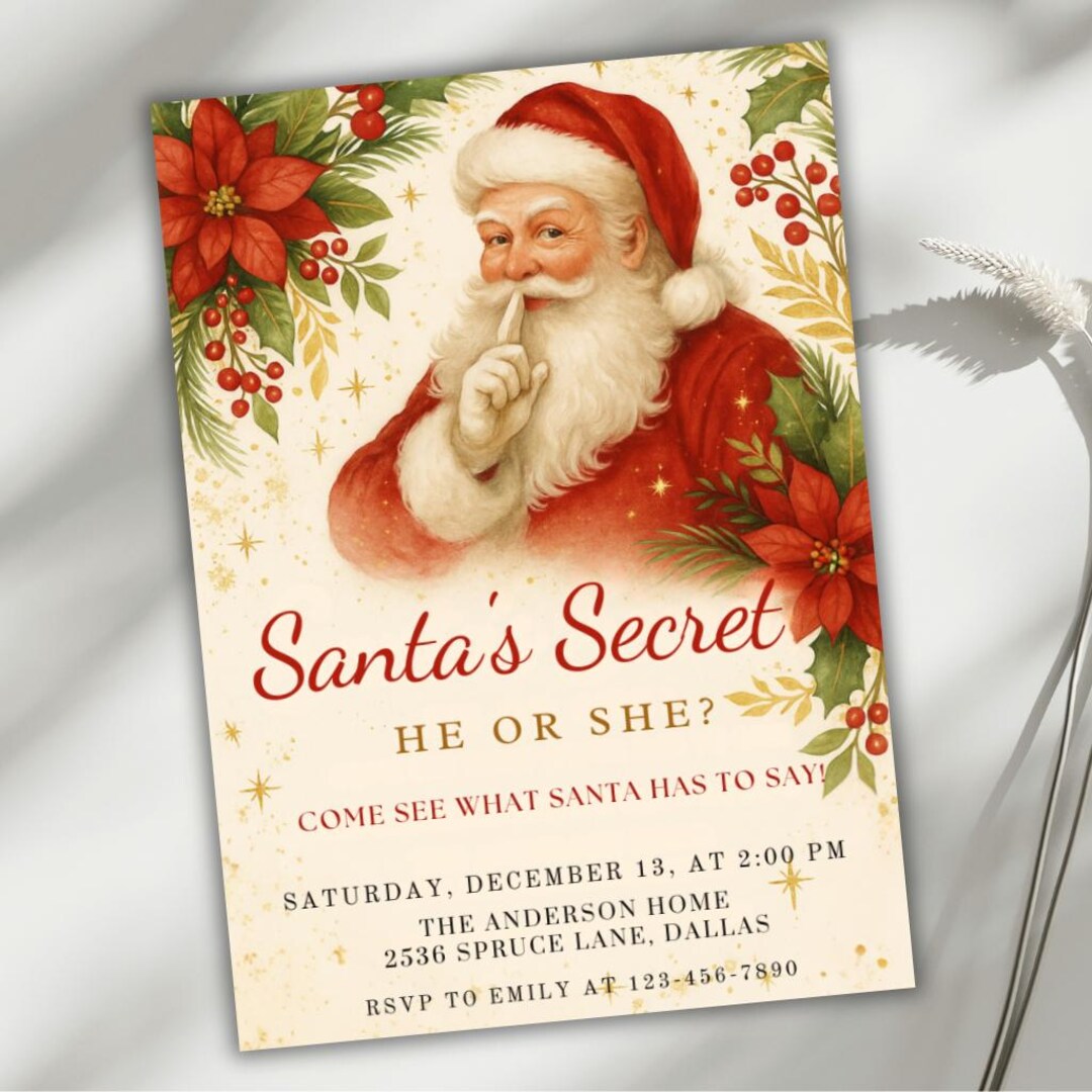 Santa Gender Reveal Invitation Card, Christmas Gender Reveal, Holiday ...