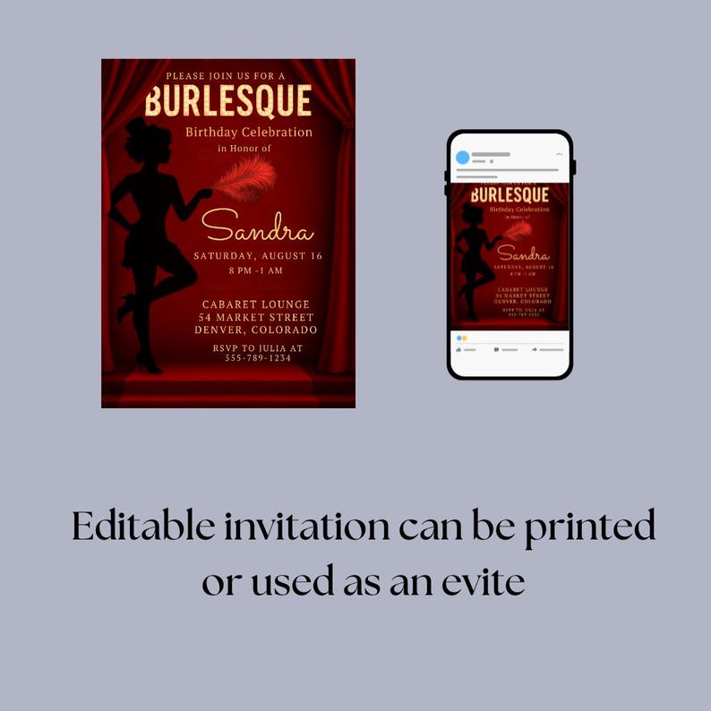 Burlesque Birthday Invitation Card, Moulin Rouge Party Invite, Glam Red ...
