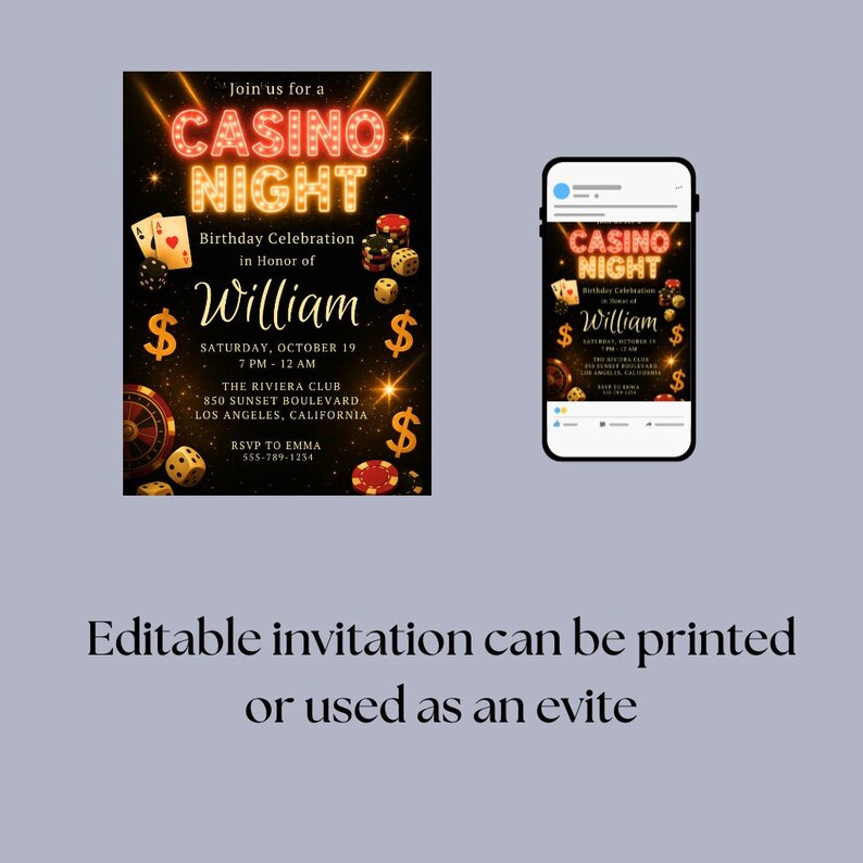 Casino Night Birthday Invitation, Vegas Party Printable, Luxury Black ...