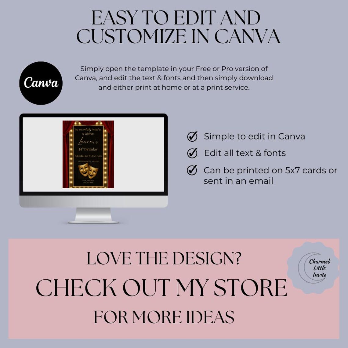 Broadway Party Editable Invitation, Theatre Theme Canva Template Evite ...