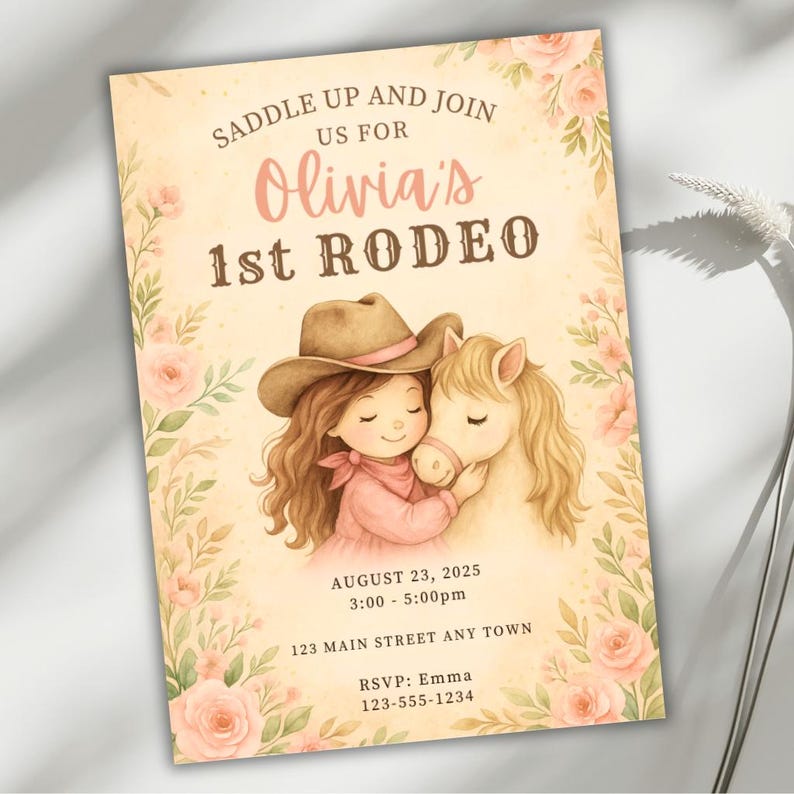 Girl First Rodeo Invitation, Pink Western Birthday Party Template ...