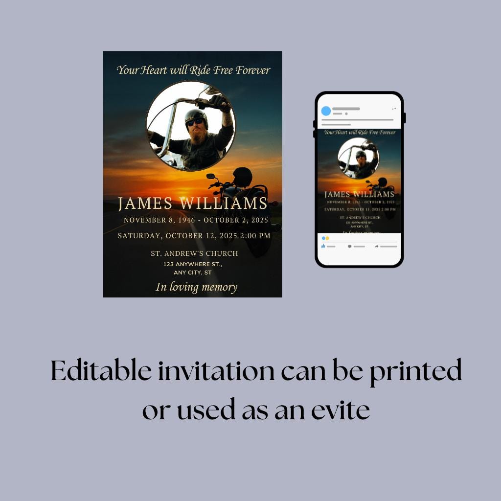 Biker Celebration of Life Invitation, Motorcycle Memorial Canva ...