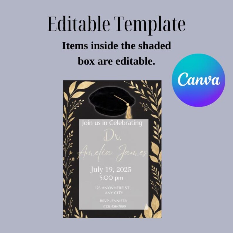 Editable Doctoral Graduation Invitation Canva Template, Phd Graduation ...