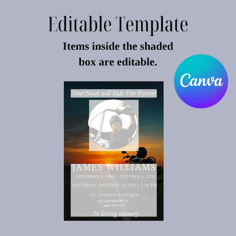 Biker Celebration of Life Invitation, Motorcycle Memorial Canva ...