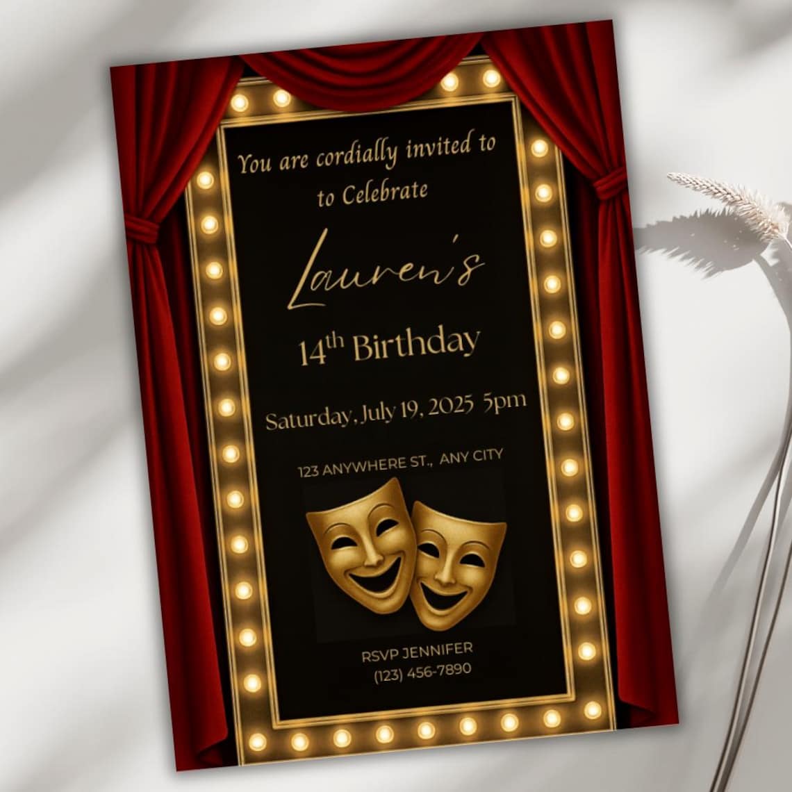Broadway Party Editable Invitation, Theatre Theme Canva Template Evite ...