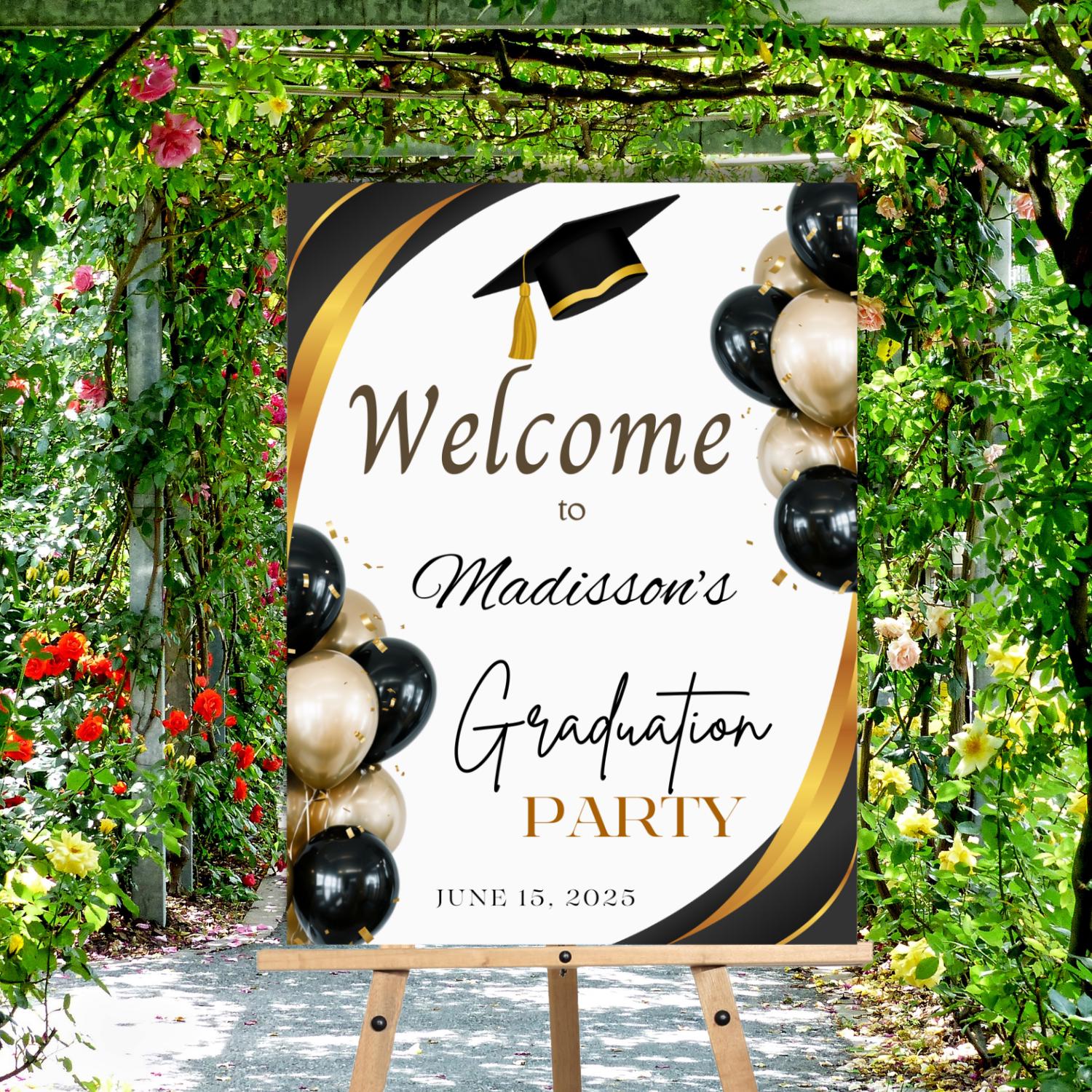 Editable Graduation Party Welcome Sign, Black and Gold Canva Template ...