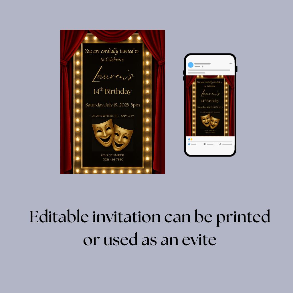 Broadway Party Editable Invitation, Theatre Theme Canva Template Evite ...