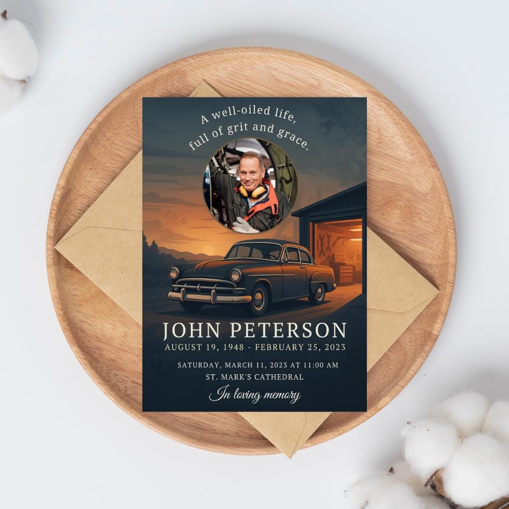 Celebration of Life Invitation for Men, Mechanic Memorial Card ...