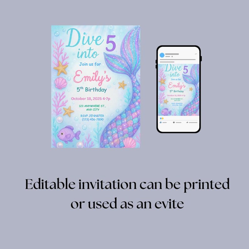 Mermaid Birthday Invitation, Dive Into Party Invite, Editable Canva ...