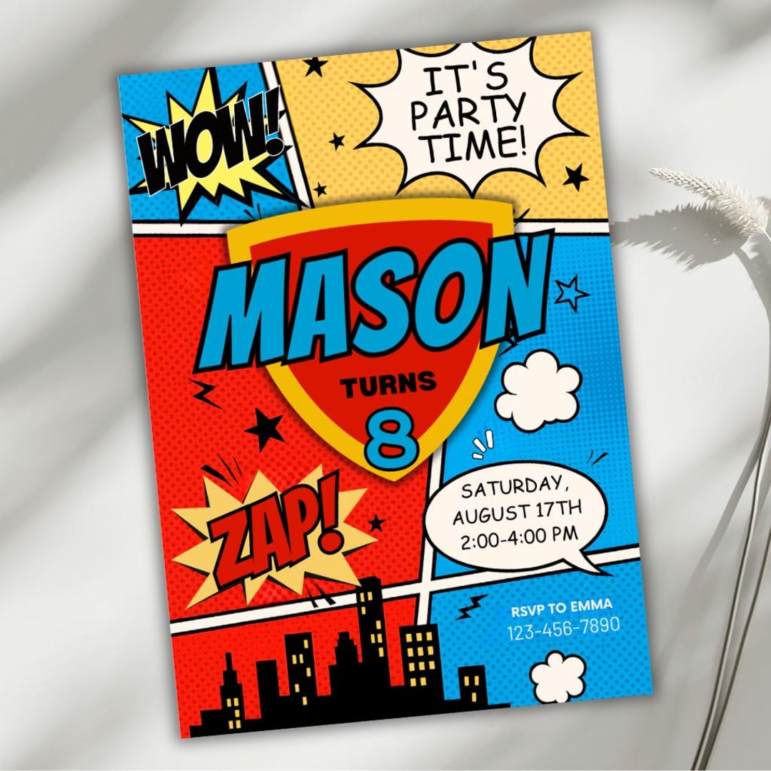 Comic Book Birthday Invitation, Superhero Party Invite, Pop Art POW ...