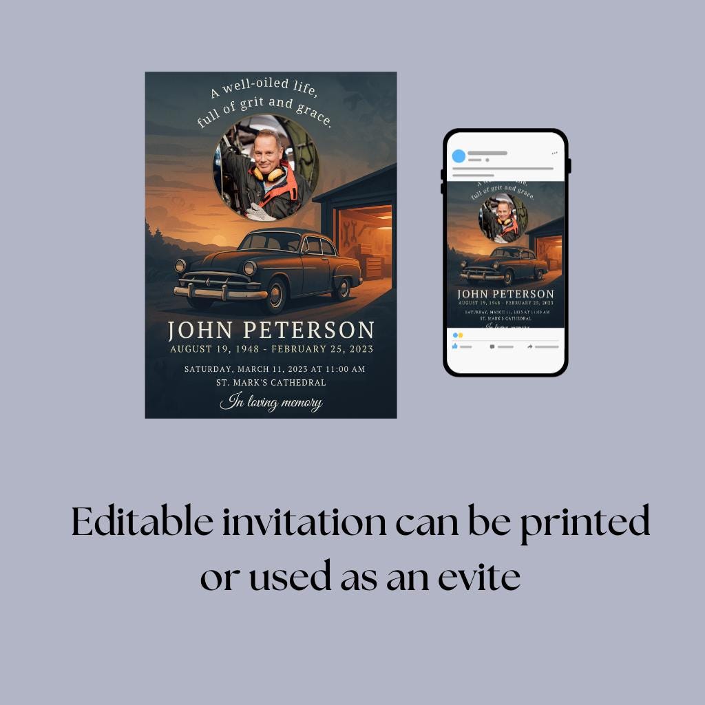 Celebration of Life Invitation for Men, Mechanic Memorial Card ...