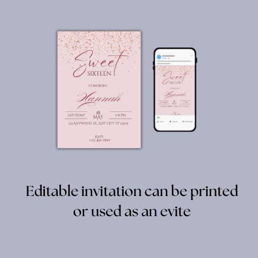 Sweet 16 Invitation, Editable Digital Birthday Invite, Canva Template ...