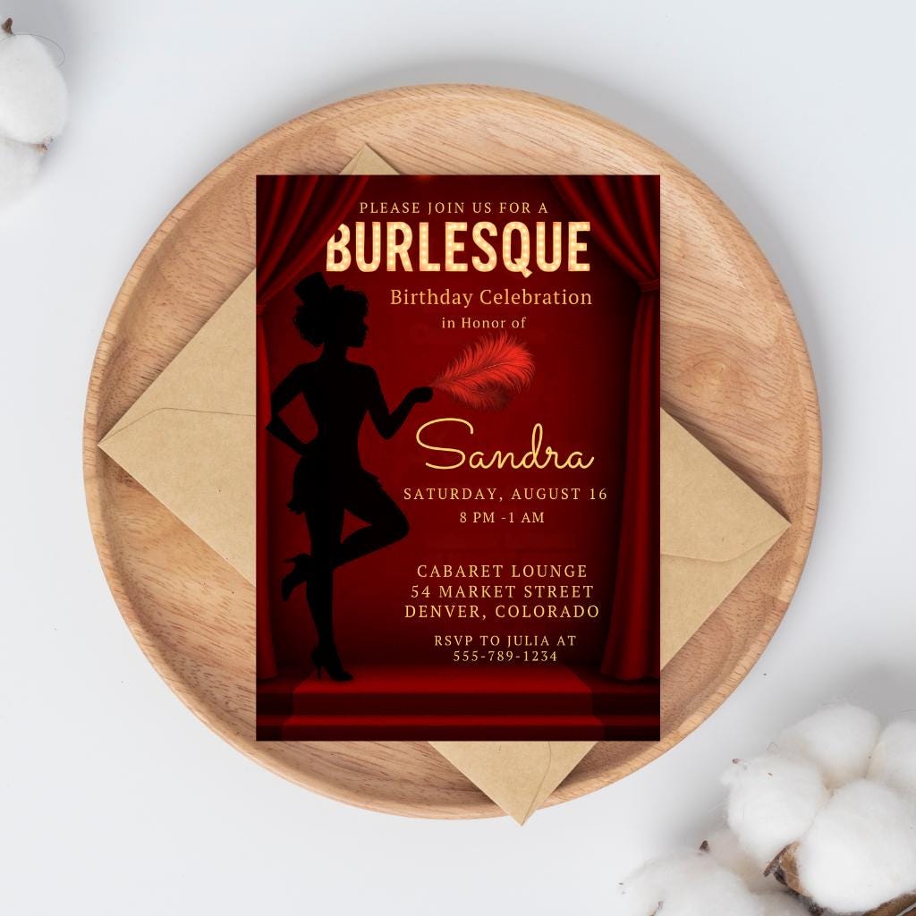 Burlesque Birthday Invitation Card, Moulin Rouge Party Invite, Glam Red ...