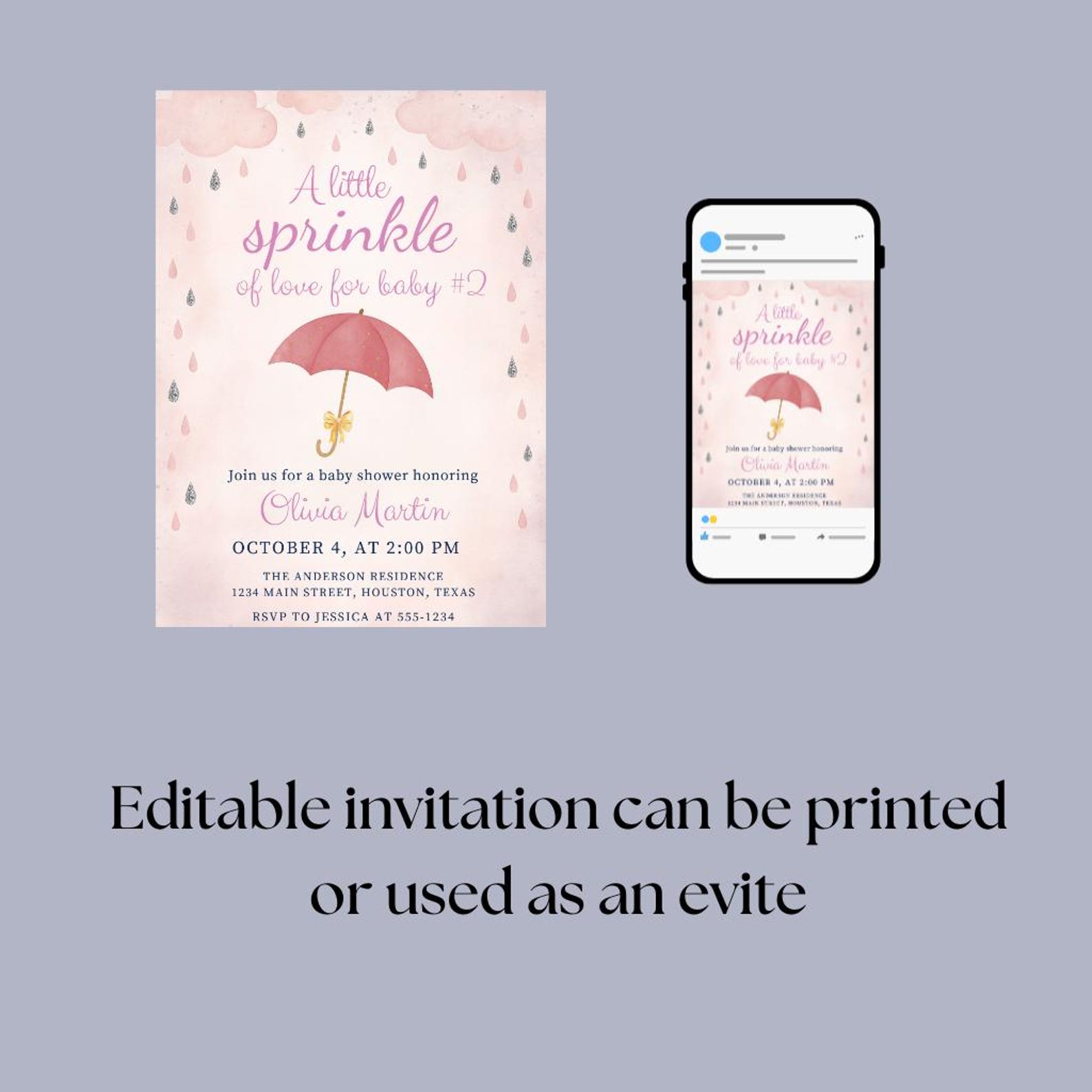 Pink Baby Sprinkle Invitation Card, Girl Baby Shower Template, Raindrop ...