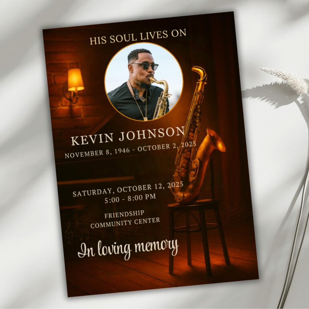 Celebration of Life Invitation for Men, Music Tribute Memorial Card ...