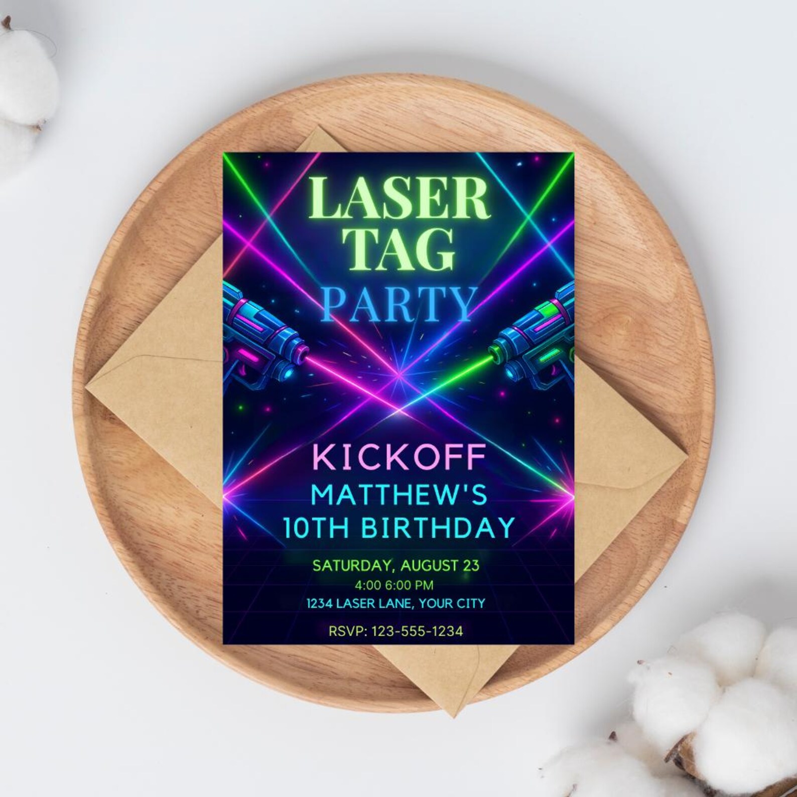 Laser Tag Birthday Invitation, Neon Glow Party Invite, Editable Canva ...