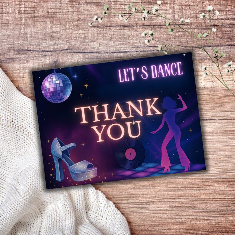 Disco Thank You Card, 70s Party Printable, Neon Glow Thank You Note ...