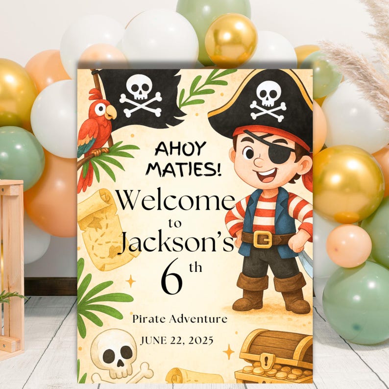 Pirate Birthday Welcome Sign | Ahoy Maties Party Poster | Editable ...