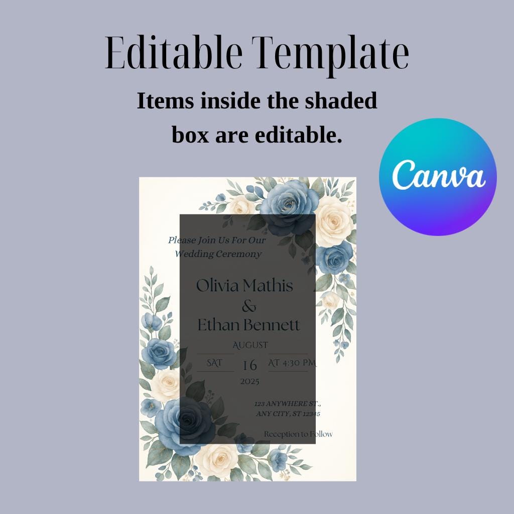Dusty Blue Invitation Template, Ivory Floral Canva Invite, Elegant ...