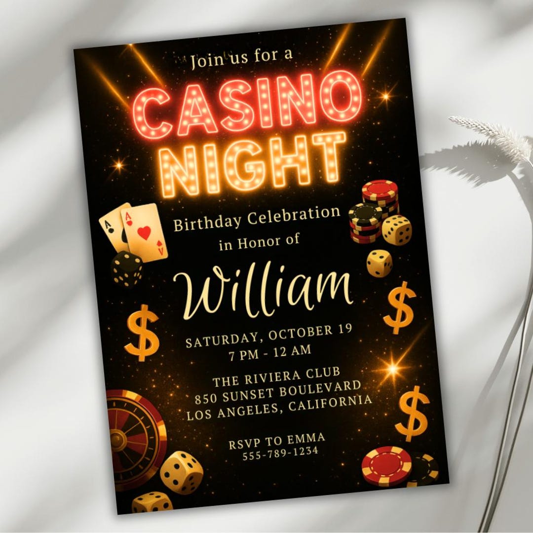 Casino Night Birthday Invitation, Vegas Party Printable, Luxury Black ...