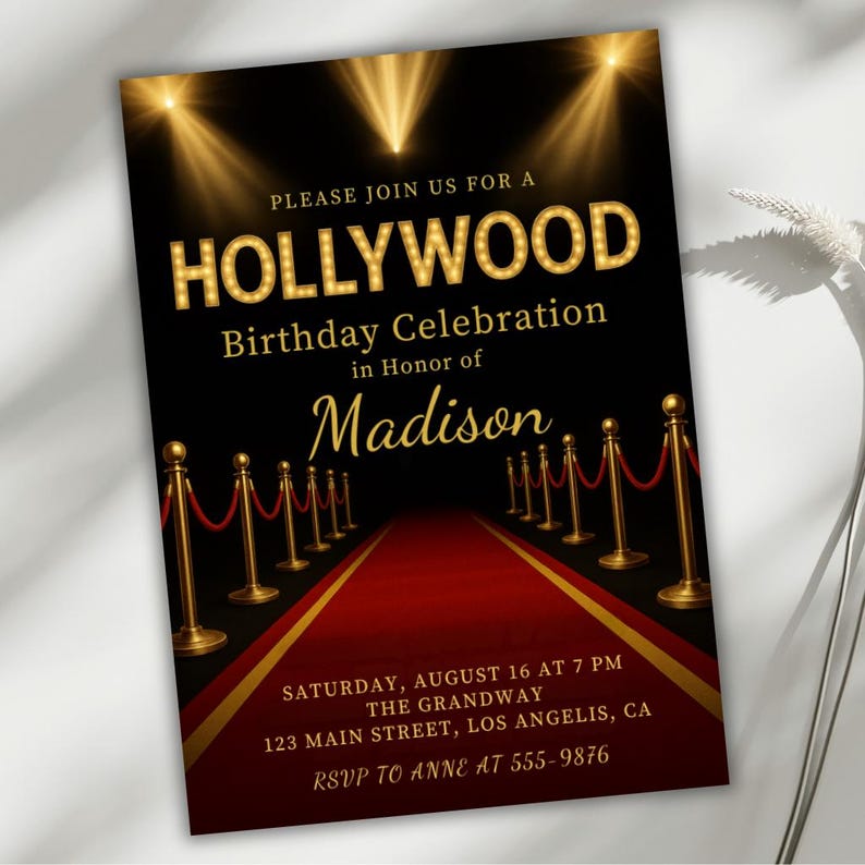 Hollywood Red Carpet Birthday Invitation Card, Black & Gold Party ...