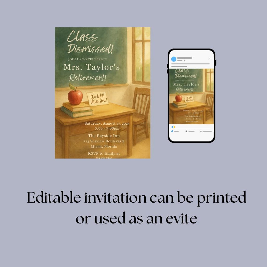 Teacher Retirement Invitation, Editable Canva Template, Class Dismissed ...