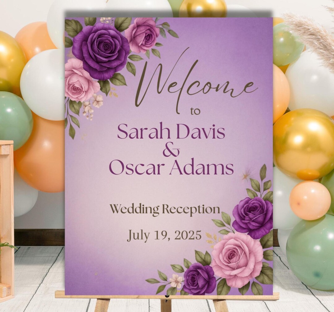 Purple Floral Wedding Welcome Sign 18x24, Editable Canva Template, Boho ...