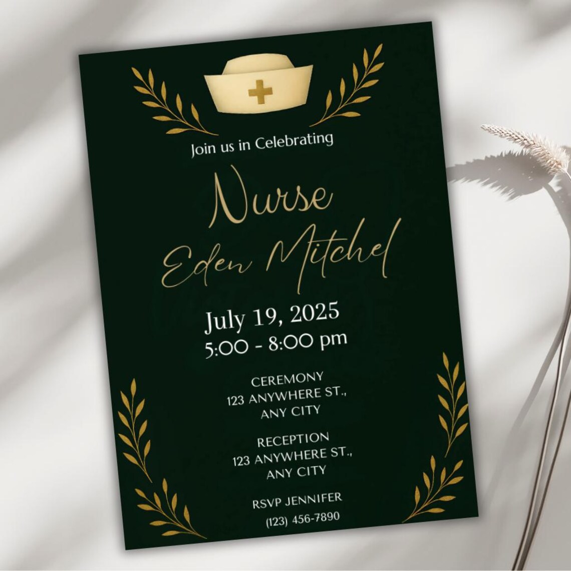 Nurse Graduation Invitation, Green and Gold Elegant Nursing Grad Party ...