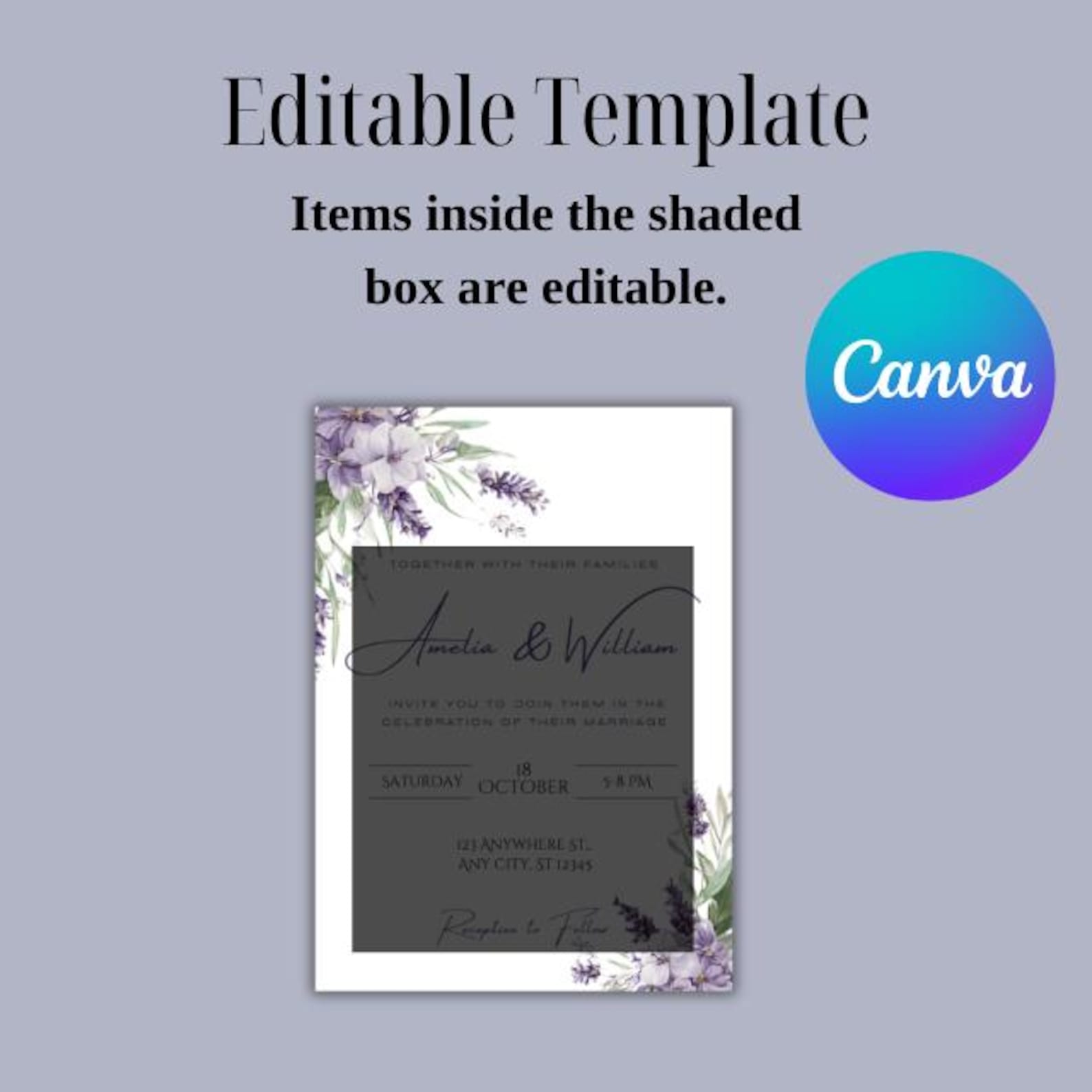 Lavender Wedding Invitation Canva Template, Beautiful Floral Invite ...