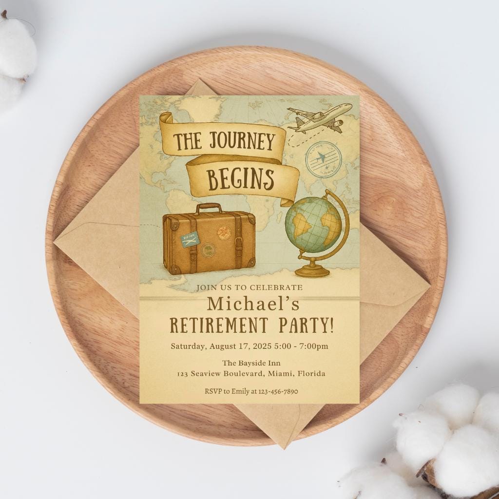 Vintage Travel Retirement Invitation, Editable Canva Template ...