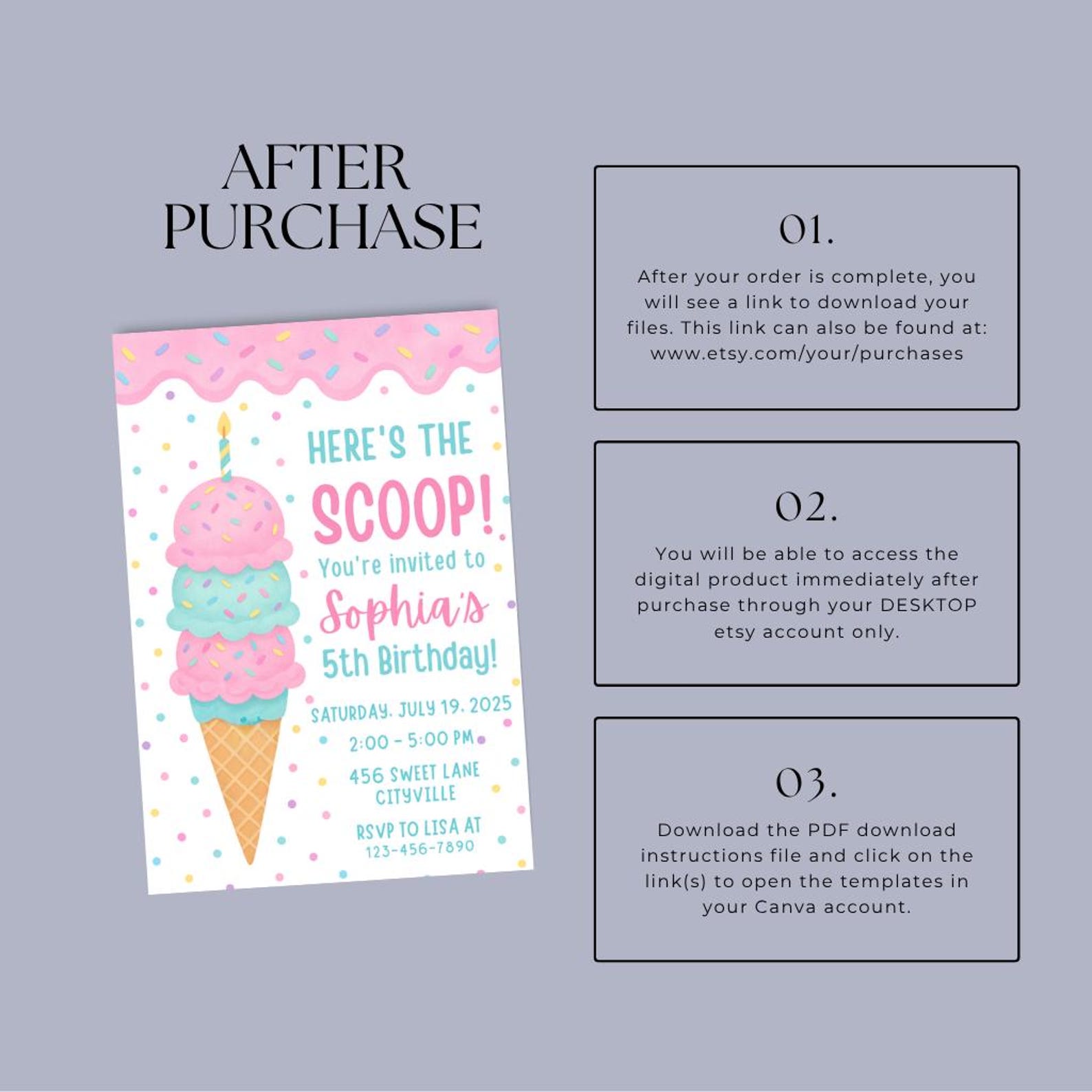Ice Cream Birthday Invitation, Here's the Scoop Party Canva Template ...