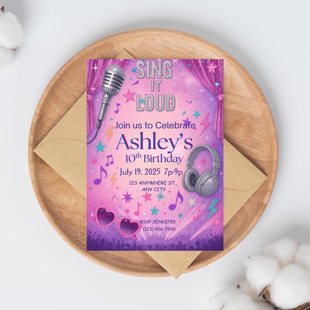 Girls Karaoke Birthday Party Invitation, Singing Pop Star Invite ...