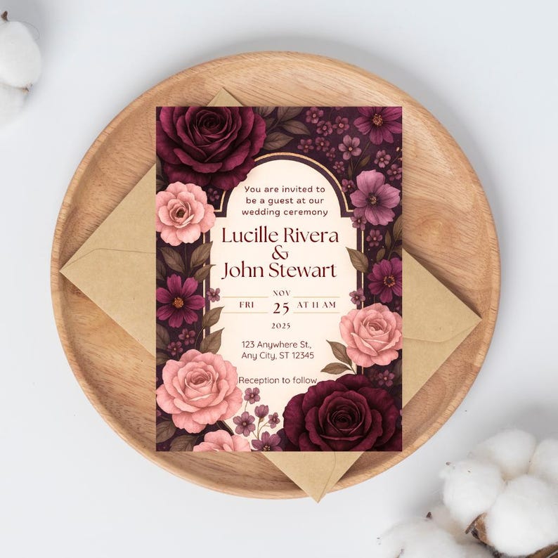 Plum and Mauve Wedding Invitation, Purple Birthday Floral Canva ...