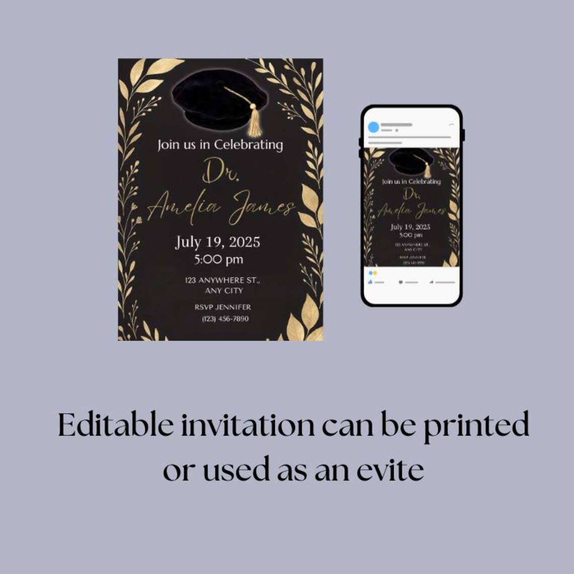 Editable Doctoral Graduation Invitation Canva Template, Phd Graduation ...