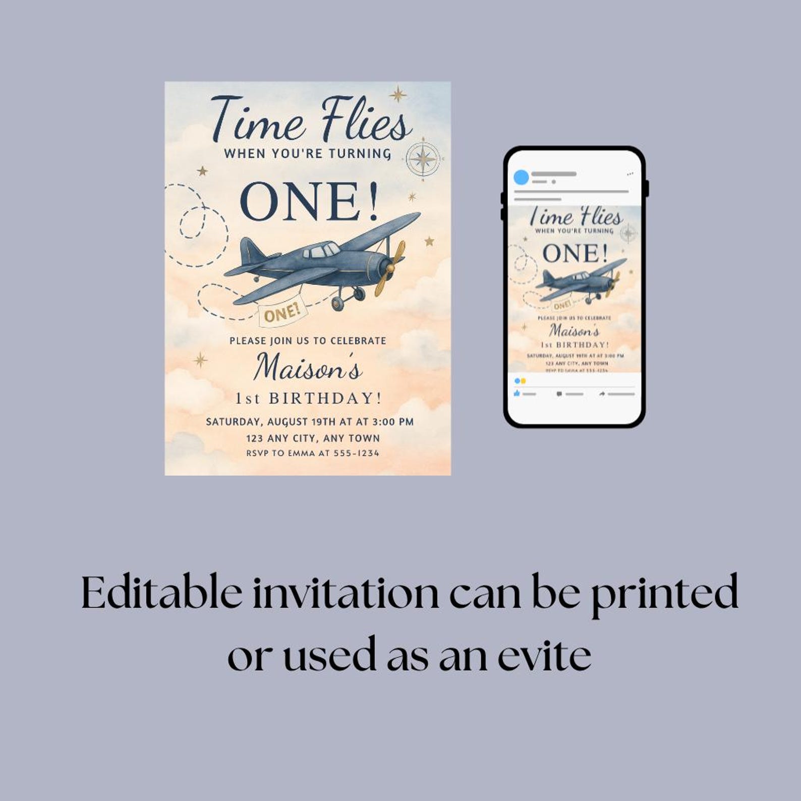 Time Flies First Birthday Invitation Card, Airplane 1st Birthday Party ...