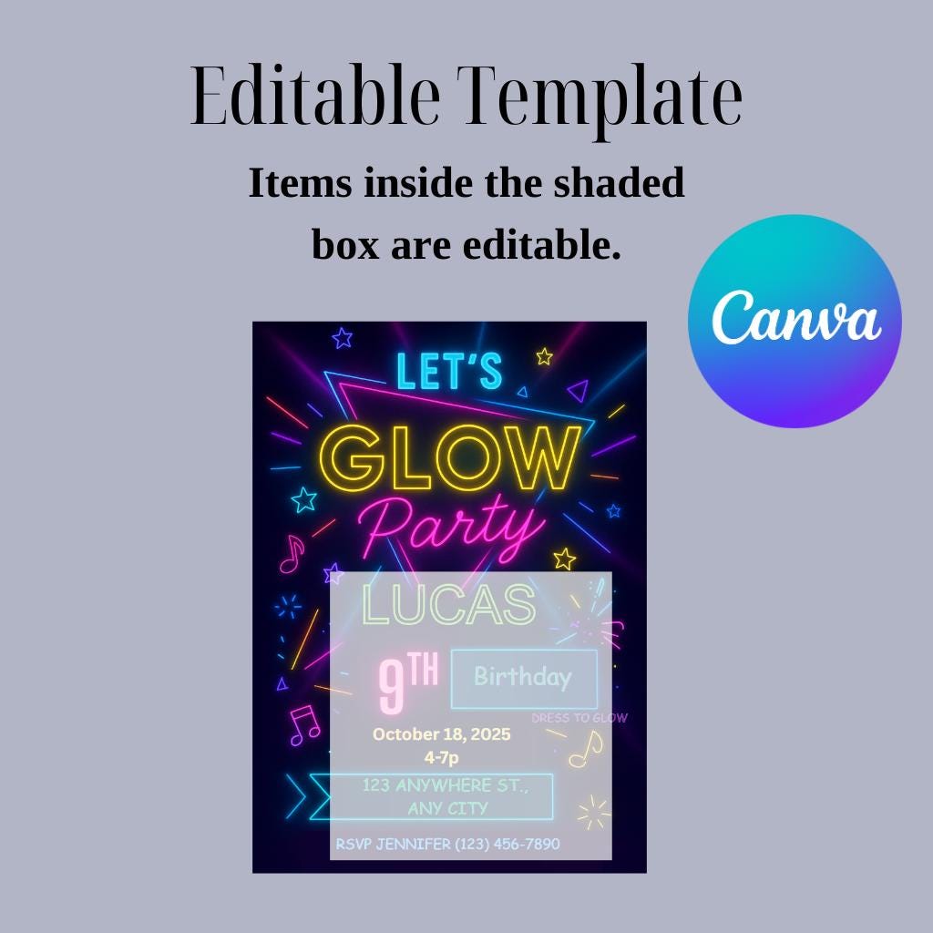 Glow Party Birthday Invitation, Editable Canva Template Evite, Neon ...